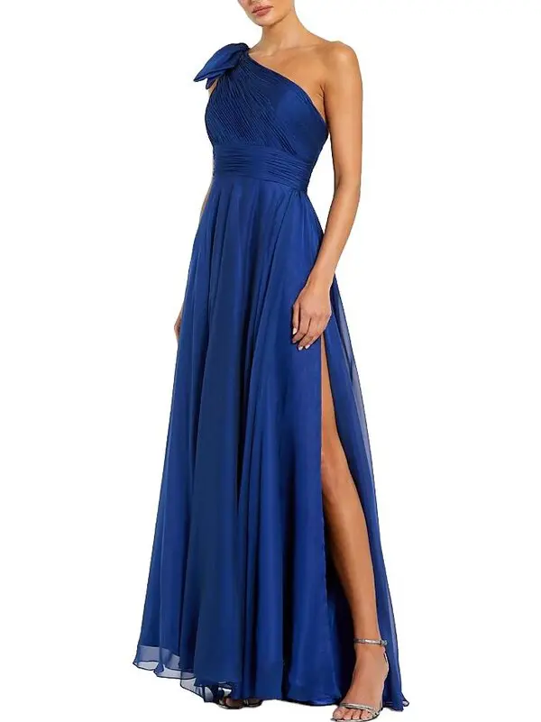 Mac Duggal One Shoulder Gown With Bow Detail And Slit - Cobalt