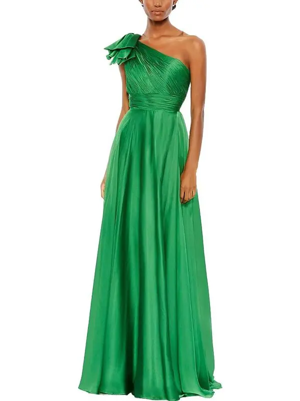 Mac Duggal One Shoulder Gown With Bow Detail And Slit - Emerald
