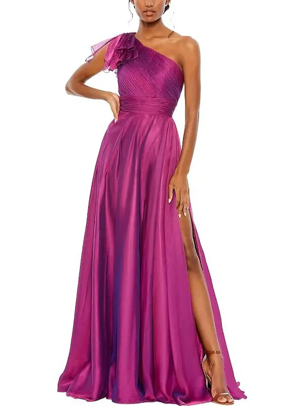 Mac Duggal One Shoulder Gown With Bow Detail And Slit - Raspberry