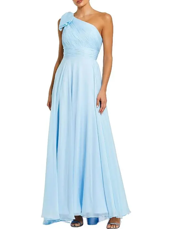 Mac Duggal One Shoulder Gown With Bow Detail And Slit - Sky Blue
