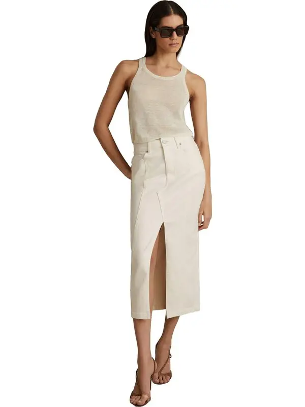 REISS Danica High Rise Denim Midi Skirt - Ivory