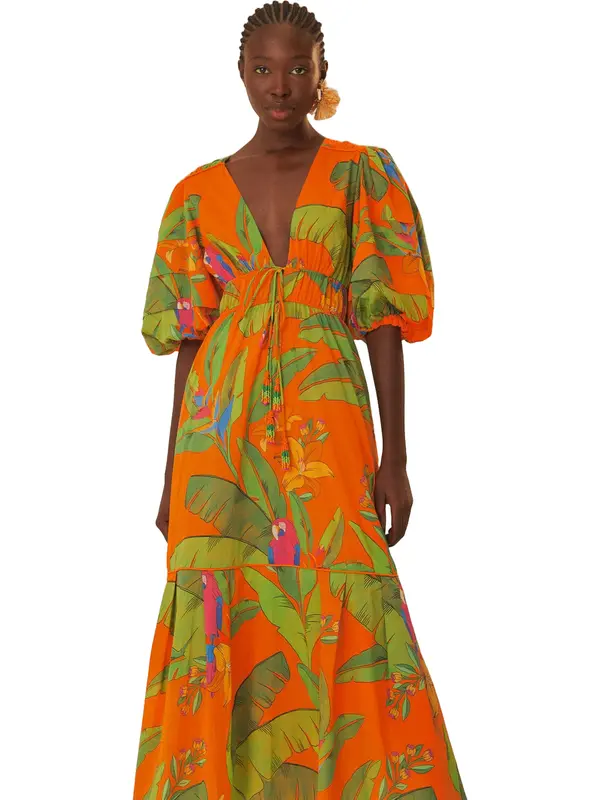 Farm Rio Fresh Macaws Midi Dress - Fresh Macaws Orange