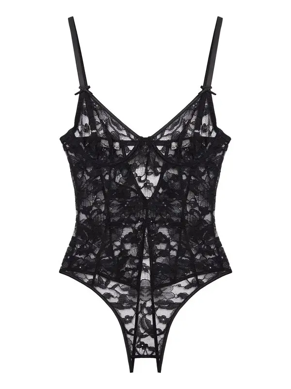 Fleur Du Mal Magnolia Lace Ouvert Bodysuit - Black