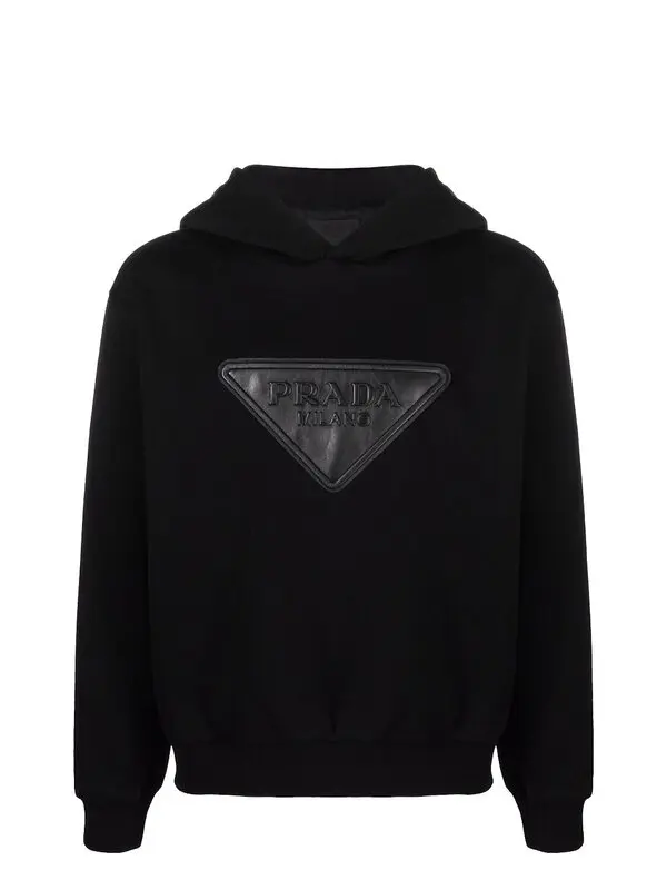 Prada Logo Leather Patch Hoodie - Black