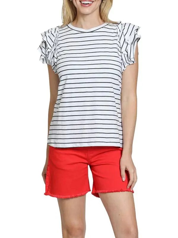 APNY Ruffle Sleeve T-shirt - White/black Stripe