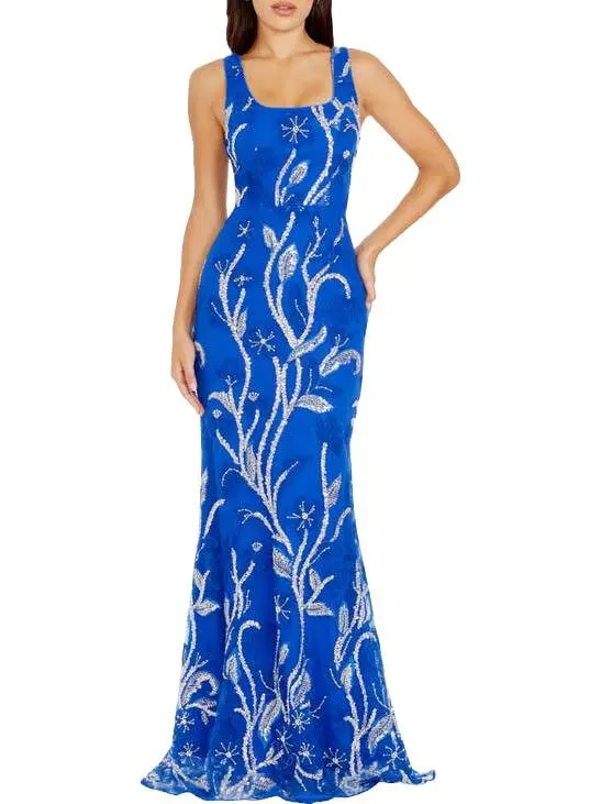 Dress The Population Tyra Beaded Floral Chiffon Mermaid Gown - Electric Blue Multi