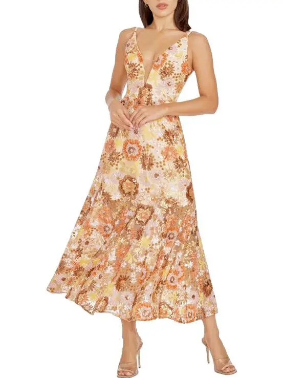 Dress The Population Sierra Floral Sequin Midi Cocktail Dress - Amber Multi