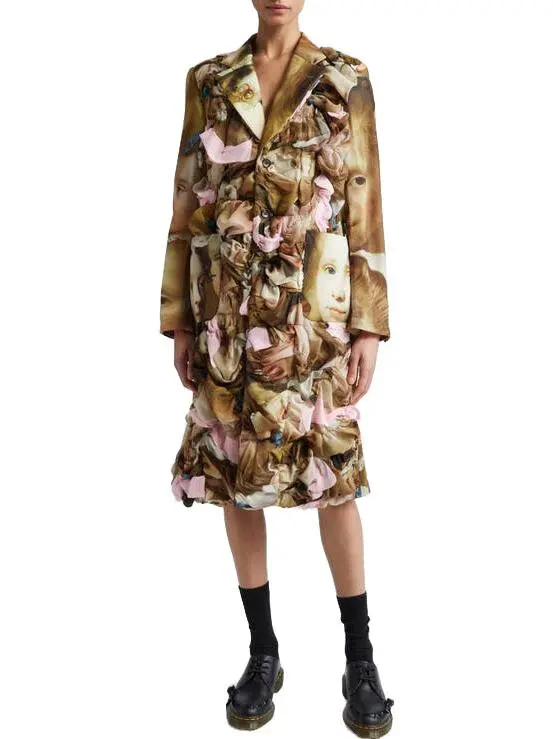 Comme Des Garçons Face Print Wool Overcoat - Beige X Pink