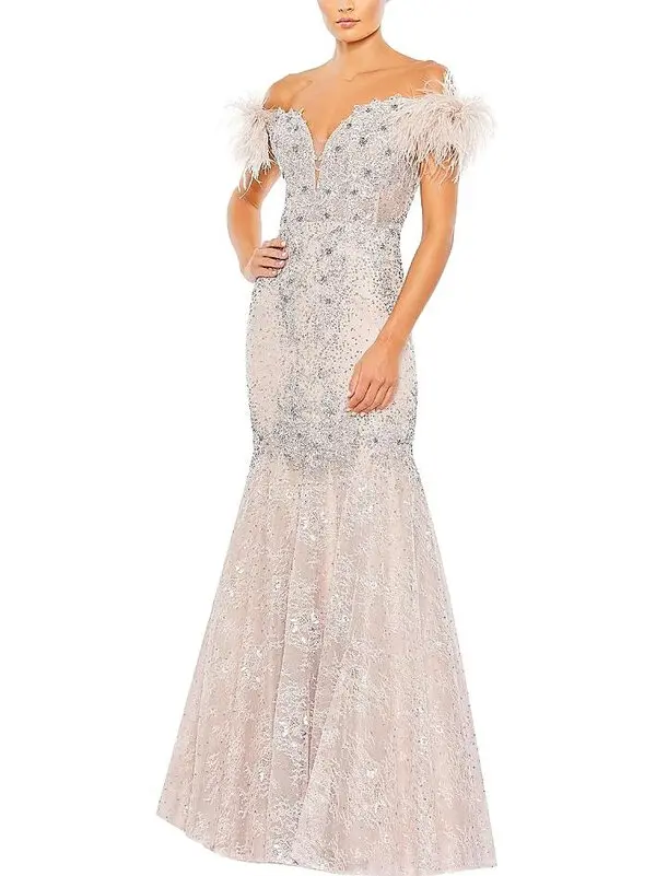 Mac Duggal Feathered Crystal Embellished Sleeveless Gown - Lilac