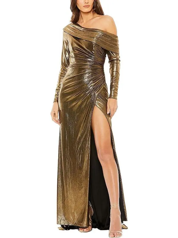 Mac Duggal Long Sleeve Off-the-shoulder Gown - Antique Gold Tone