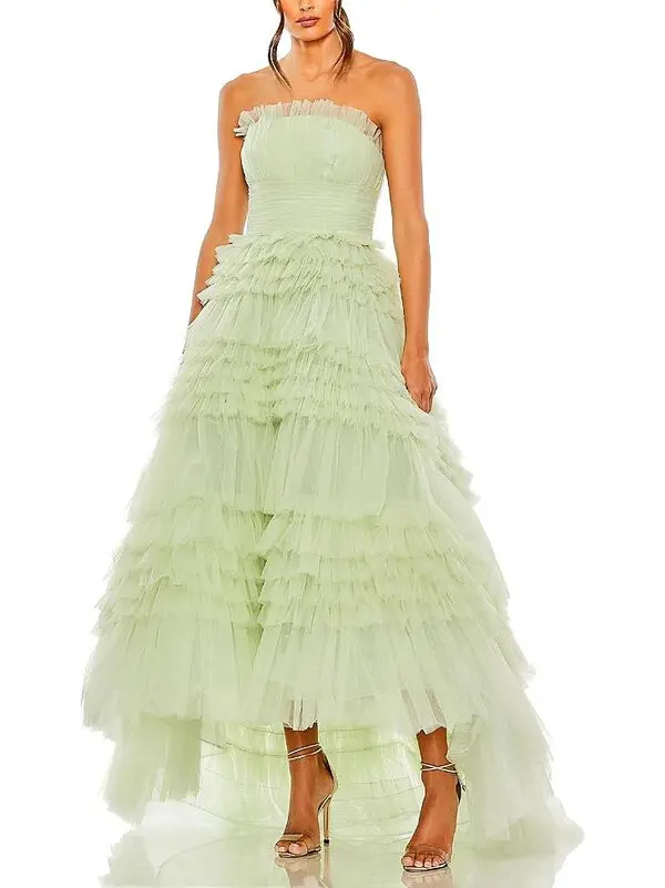 Mac Duggal Strapless Tulle Ruffle Gown - Sage