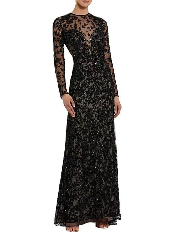 Mac Duggal Long Sleeve Embellished Gown - Black Nude