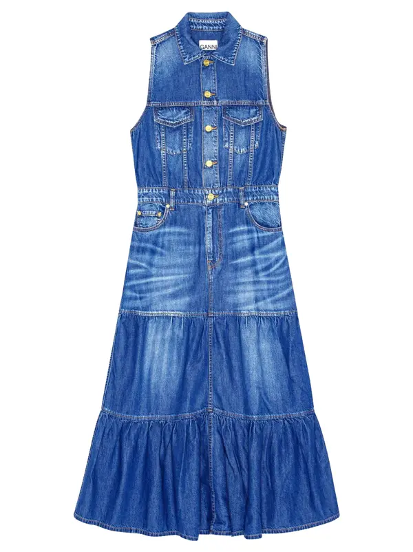 GANNI Sleeveless Denim Midi Dress - Blue