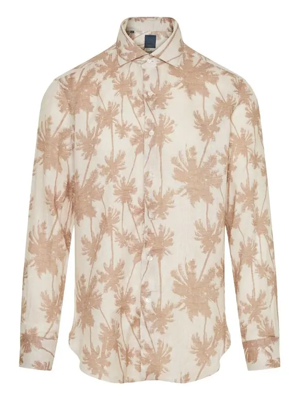 BARBA NAPOLI Palm-tree Print Linen Shirt - Neutrals