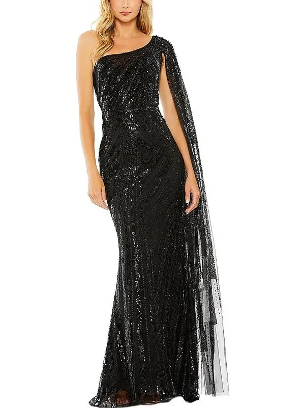 Mac Duggal One-shoulder Embellished Gown With Cape Sleeve - Black