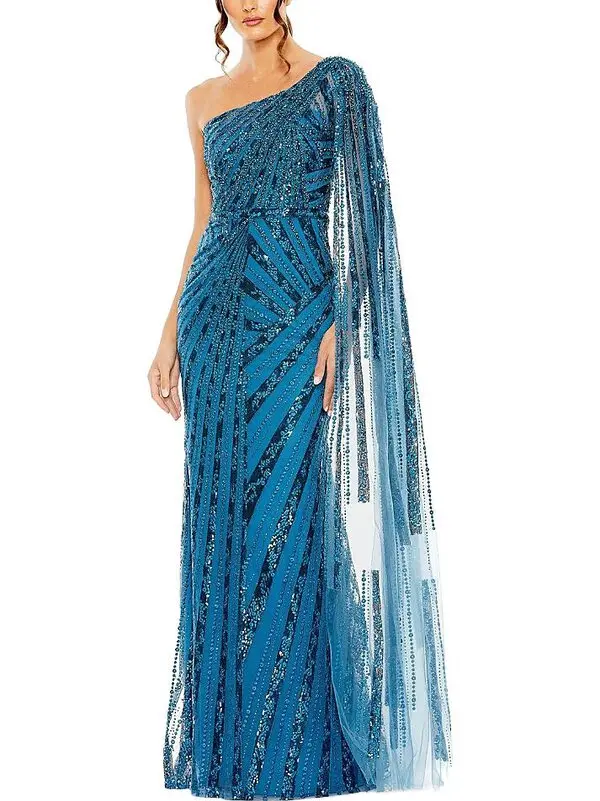 Mac Duggal One-shoulder Embellished Gown With Cape Sleeve - Ocean Blue