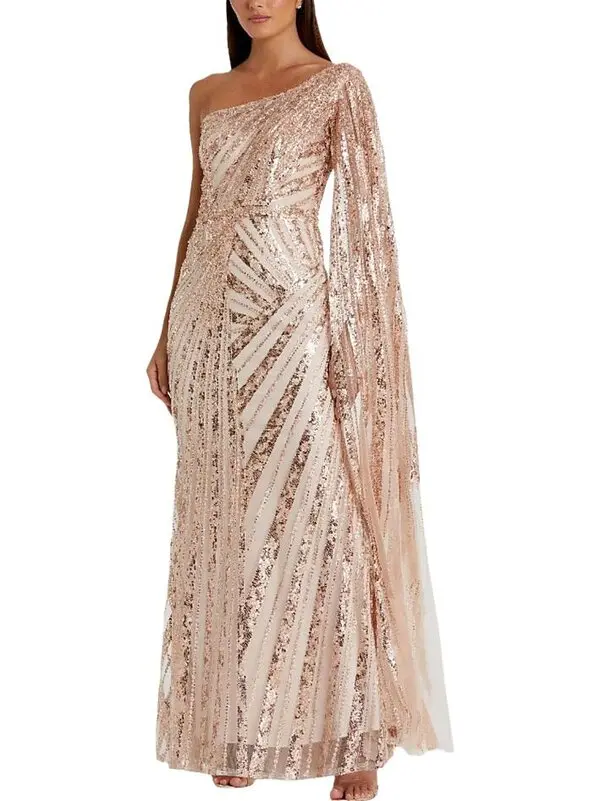 Mac Duggal One-shoulder Embellished Gown With Cape Sleeve - Rose Gold