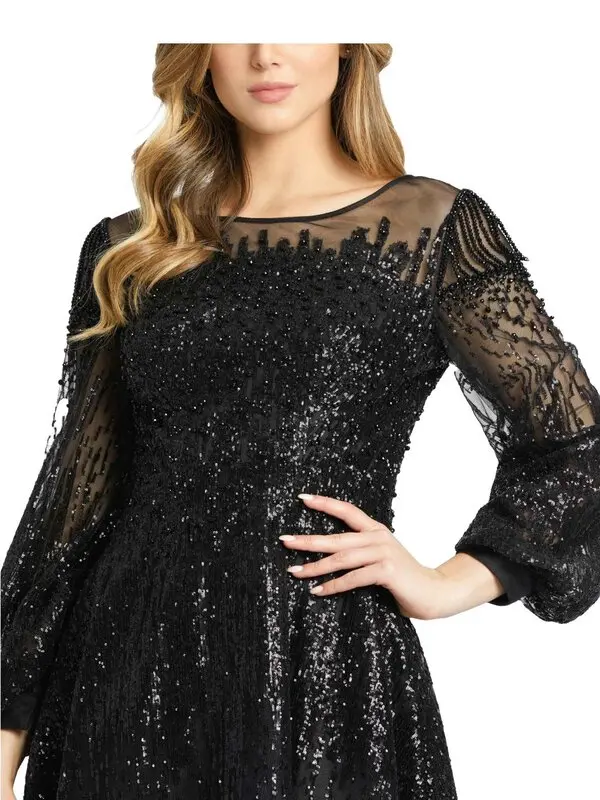 Mac Duggal Jewel Encrusted Illusion Long Sleeve A-line Gown - Black