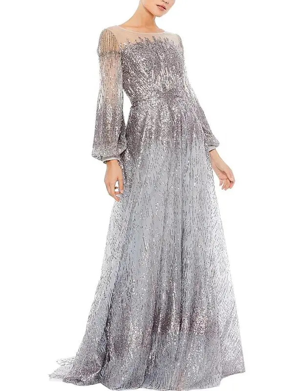 Mac Duggal Jewel Encrusted Illusion Long Sleeve A-line Gown - Platinum