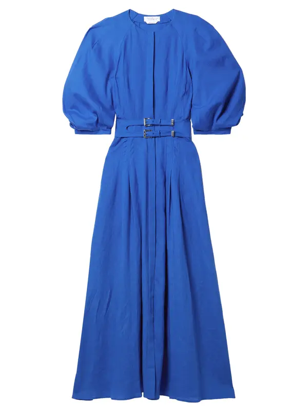 Gabriela Hearst Elea Buckled Linen Midi Dress - Blue