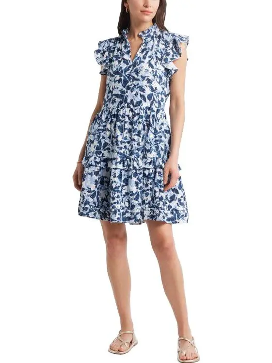 Caslon Ruffle Duo Cotton Gauze Dress - Navy- White Brushed Blooms