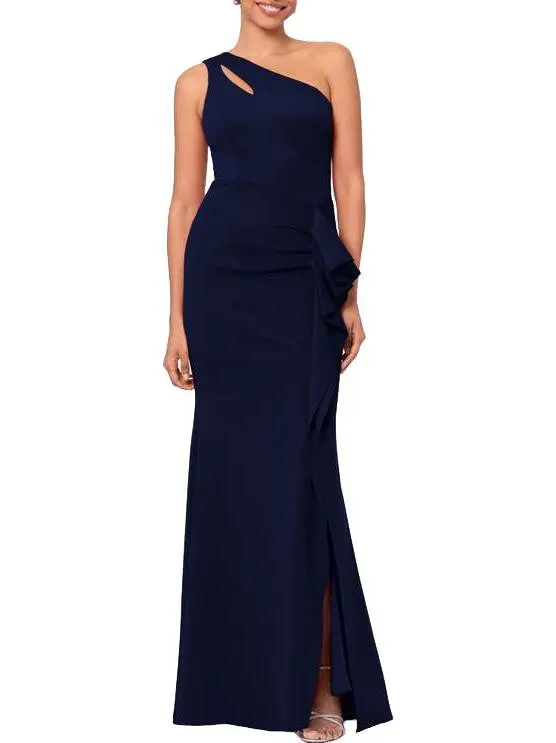 XSCAPE EVENINGS Asymmetric Trumpet Gown - Midnight