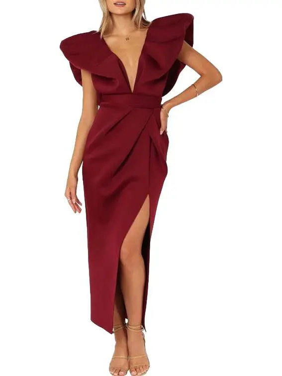 PETAL & PUP Augie Frill Shoulder Plunge Neck Dress - Burgundy