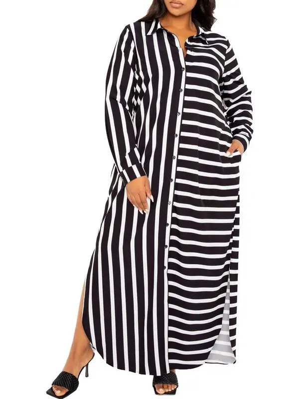 BUXOM COUTURE Long Sleeve Maxi Shirtdress - Black Stripe