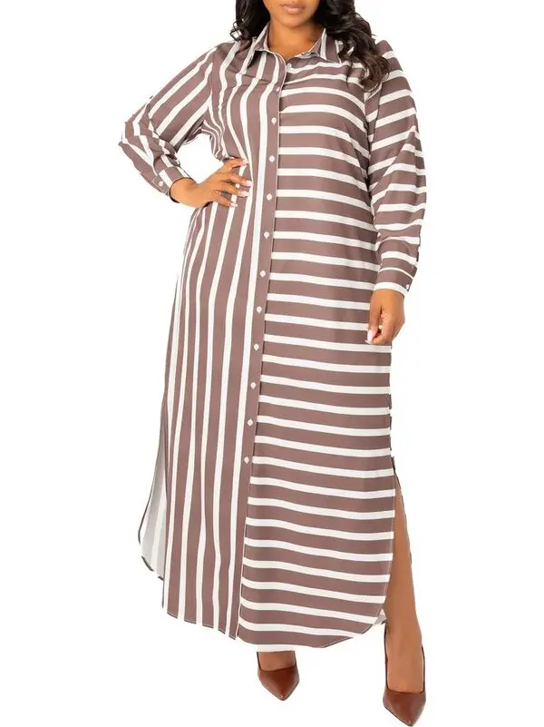 BUXOM COUTURE Long Sleeve Maxi Shirtdress - Khaki