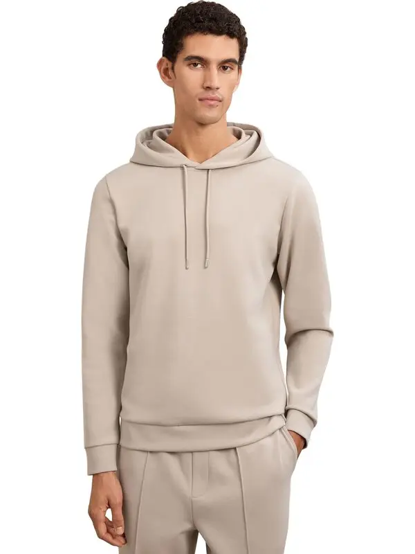 REISS Premium Interlock Jersey Hoodie - Stone