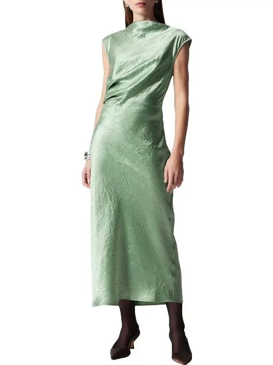 & Other Stories Cap Sleeve Satin Midi Dress - Green Medium Dusty