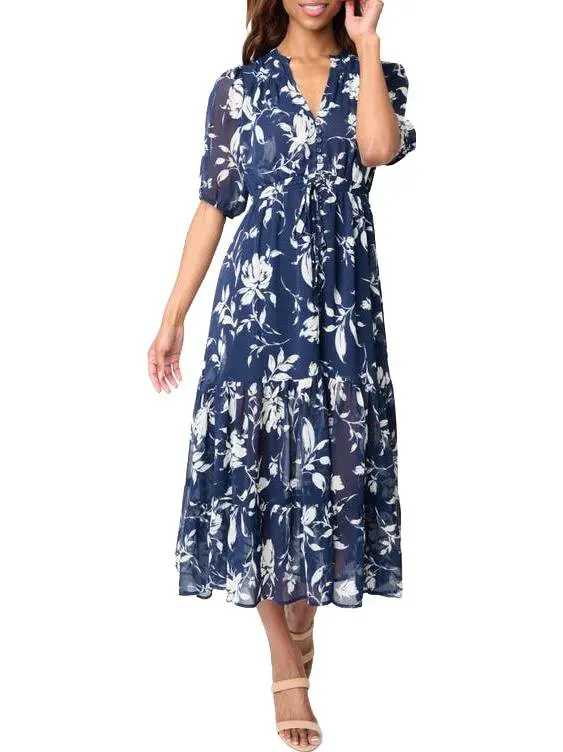 GIBSONLOOK Kira Drawstring Maxi Dress - Navy/white Flower Print