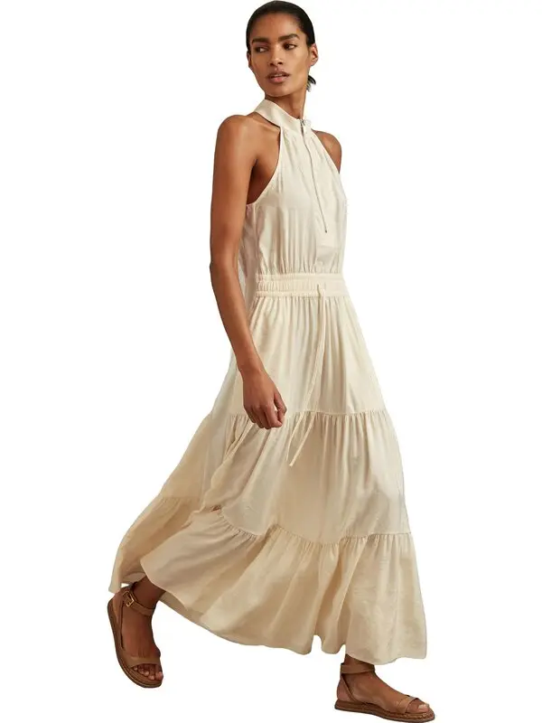 REISS Taylor Drawstring Waist Tiered Midi Dress - Neutral