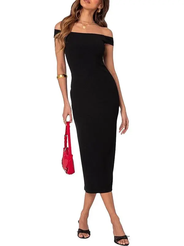 EDIKTED Kyla Off Shoulder Ribbed Midi Dress - Black
