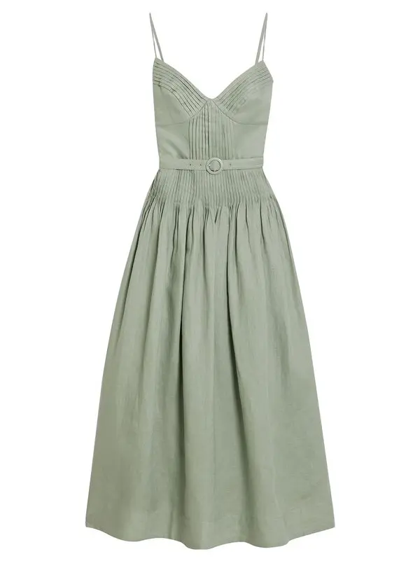 NICHOLAS Belted Pintucked Linen Maxi Dress - Sage Green