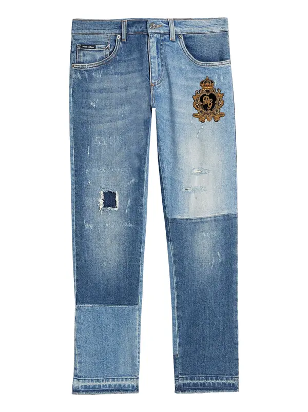 Dolce & Gabbana Slimfit Distressed Patchworkeffect Denim Jeans - Mid Denim