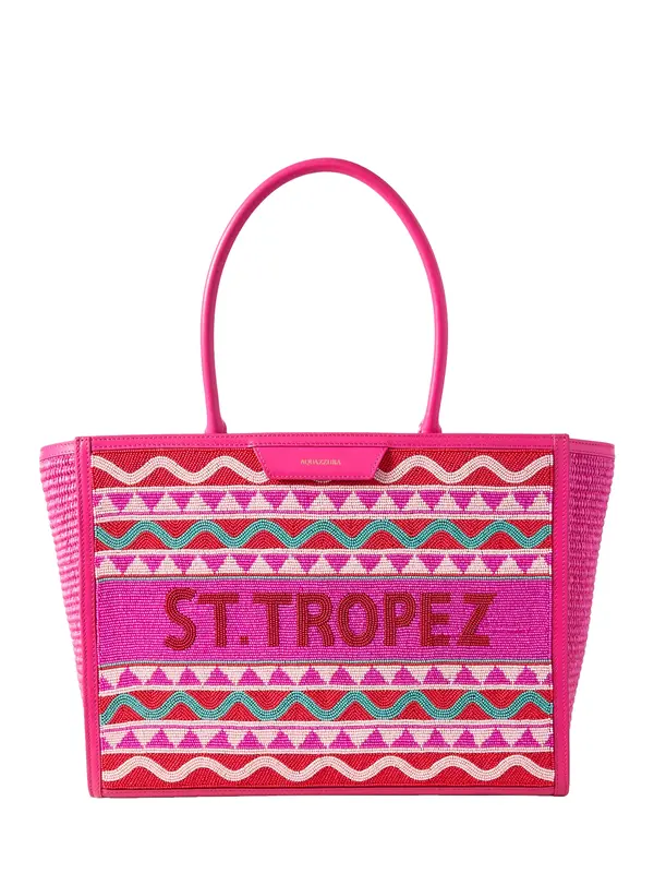 AQUAZZURA St. Tropez Beaded Raffia And Leather Tote - Pink