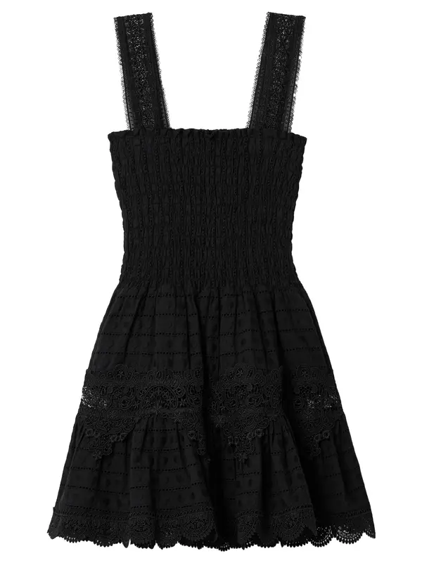Waimari Leah Shirred Embroidered Guipure Lace Mini Dress - Black