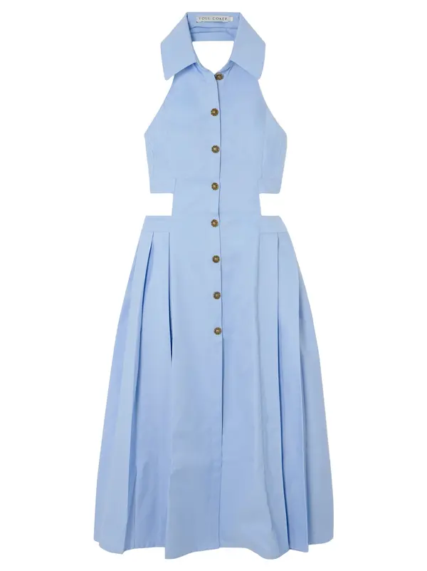 TOLU COKER Backless Pleated Gabardine Midi Shirt Dress - Blue