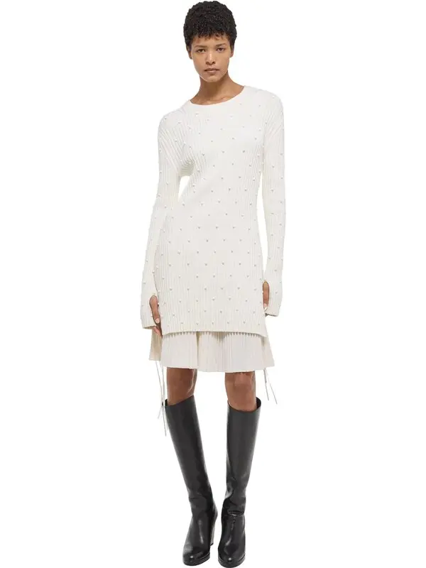 Helmut Lang Embellished Ribbed Knit Sweater Dress - Ivory