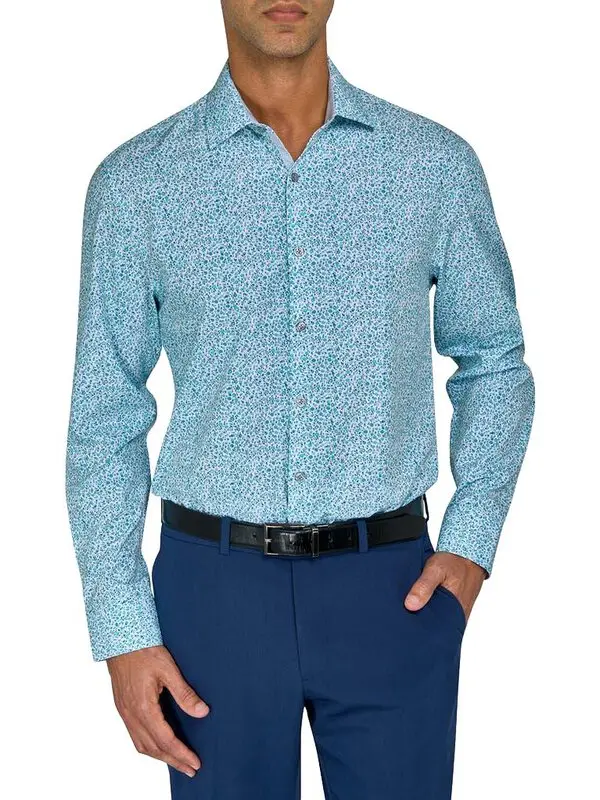 W.R.K Slim Fit Floral Print Recycled Performance Stretch Dress Shirt - White/green