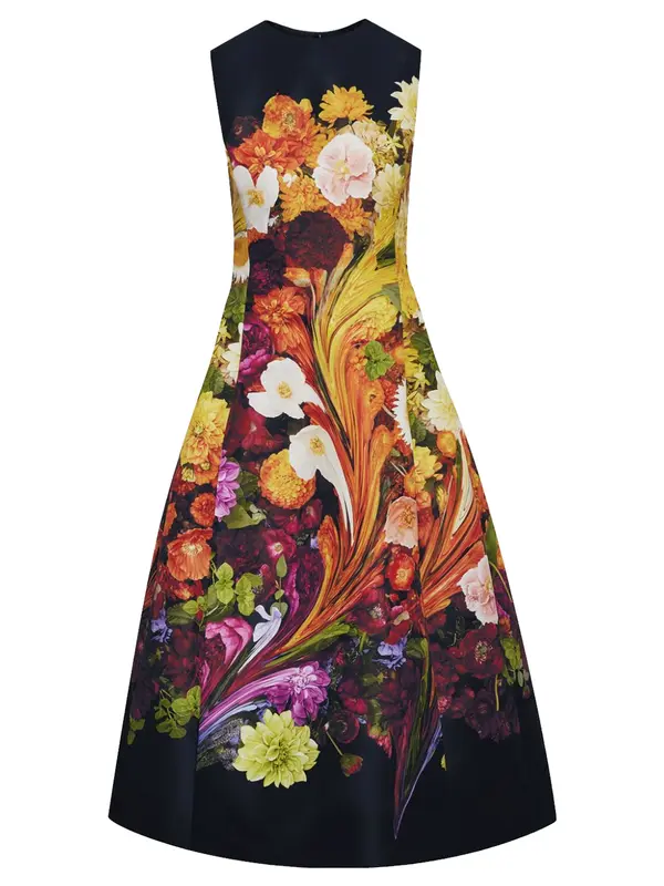 Oscar De La Renta Rainbow Flower Marble Faille Dress - Black