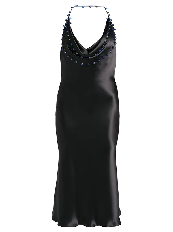 Bottega Veneta Beaded Halter Fluid Shine Dress - Nero