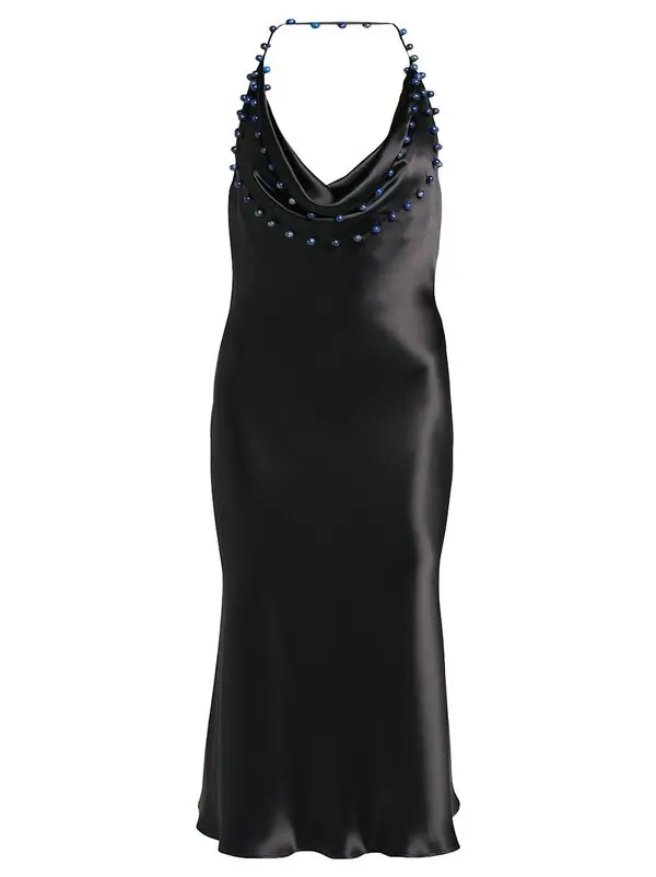 Bottega Veneta Beaded Halter Fluid Shine Dress - Nero