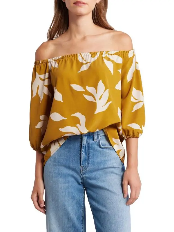 Loveappella Floral Print Off-the-shoulder Top - Dijon Natural