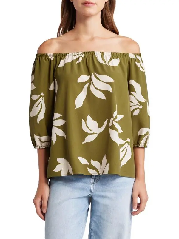 Loveappella Floral Print Off-the-shoulder Top - Olive Natural