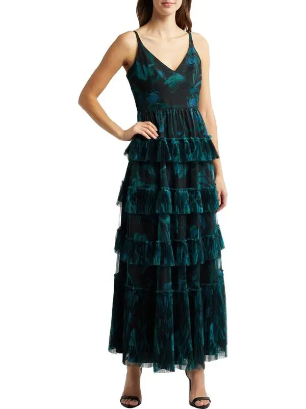 HUTCH Freya Tulle Plissé Ruffle Gown - Dark Blue Floral