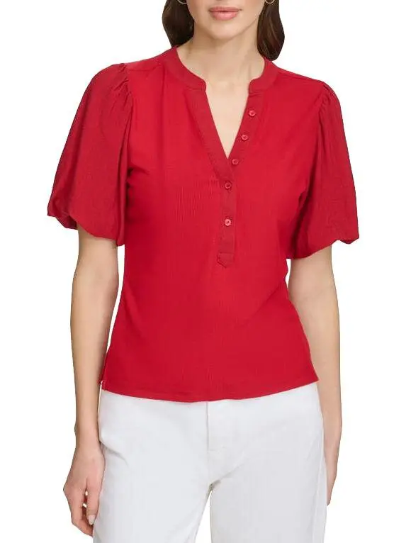 Dkny Ribbed Henley Top With Puff Sleeves - Sangria