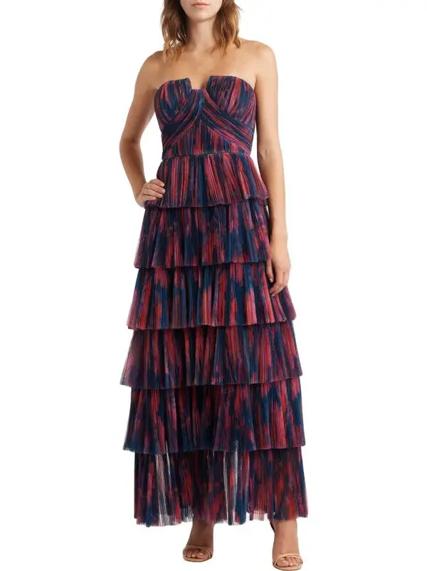 HUTCH Simi Plissé Ruffle Strapless Gown - Breezy Watercolor Blooms