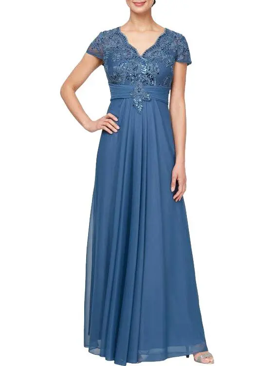 Alex Evenings Sequin Lace Bodice Gown - Vintage Blue